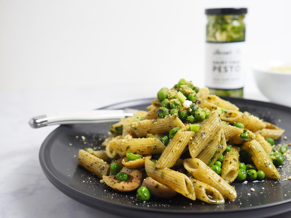 Dairy Free Pesto Pea Pasta - Roza's Gourmet
